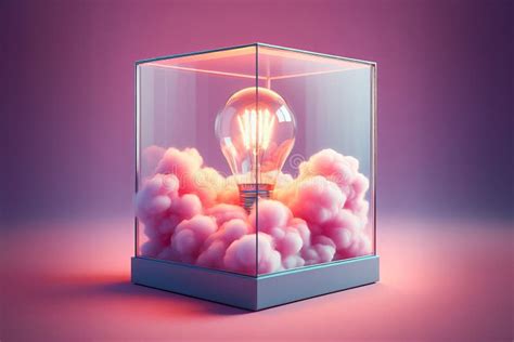 Light Bulb In Glass Case Concept Art Pink Clouds Solid Light Cube