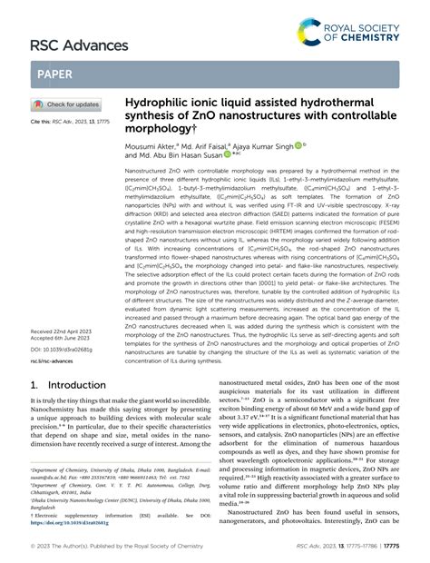 Pdf Hydrophilic Ionic Liquid Assisted Hydrothermal Synthesis Of Zno