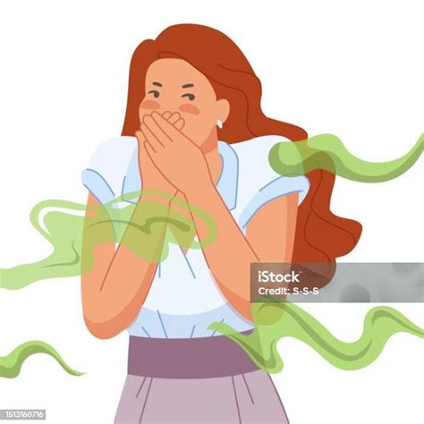 여자 나쁜 냄새 소녀는 역겨운 냄새 방귀 냄새 나는 입 땀 또는 유독한 연기 벡터 그림의 불쾌한 냄새에 대한 여성 혐오 표현에서