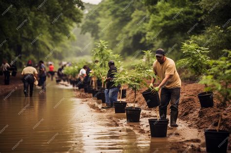 A Group Of Workers Planting Trees In A Riparian Buffer To Protect Waterways Premium Ai