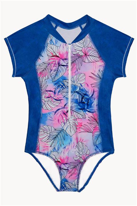 Salty Ink Girls Coral Coast Short Sleeve Sunsuit Coral Pink Swimwear