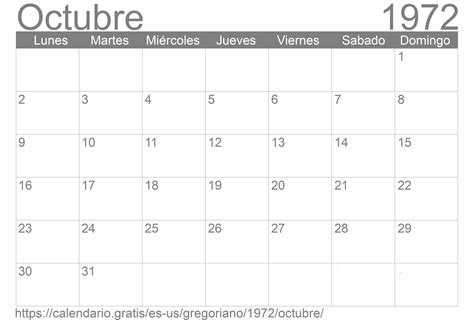 Calendario Octubre 1972 de Estados Unidos de América en español