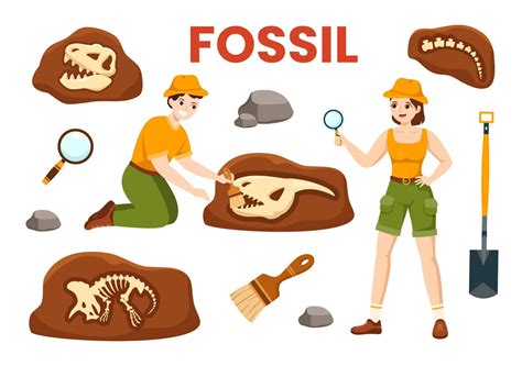 Fossil Illustration With Archaeologists Finds Dinosaurs Skeletons On Excavations Or Digging Soil