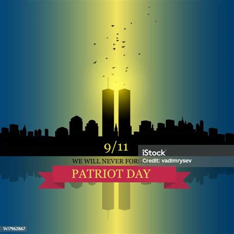 New York Skyline Silhouette With Twin Towers And Birds Flying Up Like