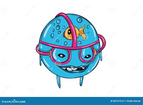 Weird And Funny Cartoon Laughing With A Devil Smile Aquarium In Head