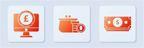 동전지갑 파운드 스털링 기호와 스택 종이 돈 현금으로 컴퓨터 모니터를 설정합니다 흰색 정사각형 버튼 벡터 0명에 대한 스톡 벡터 아트 및 기타 이미지 Istock