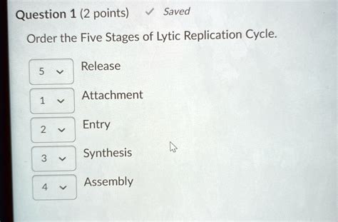 Question 1 2 Points Saved Order The Five Stages Of Lytic Replication Cycle Release 5