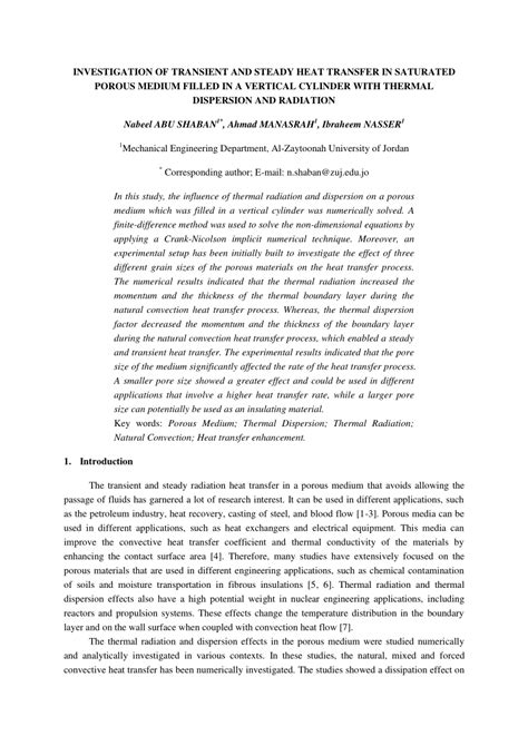 Pdf Investigation Of Transient And Steady Heat Transfer In Saturated Porous Medium Filled In A