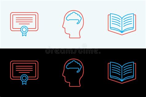 Set Line Open Book Certificate Template And Human Brain Icon Vector Stock Illustration