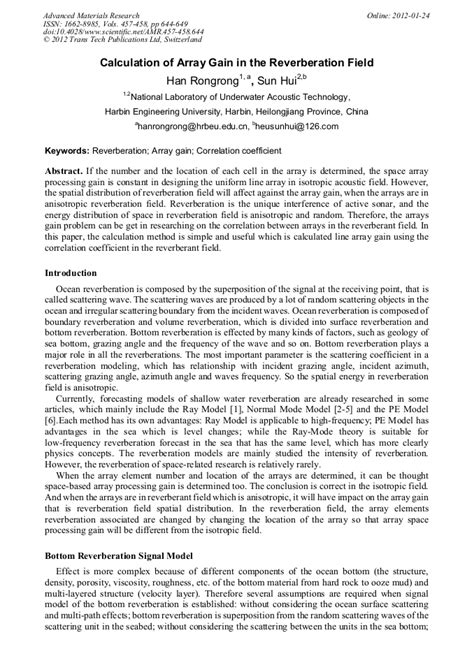 Calculation Of Array Gain In The Reverberation Field Scientificnet