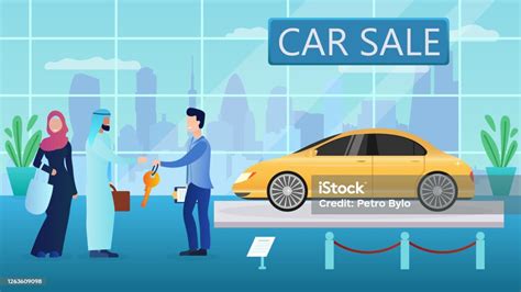 전통적인 아랍어 민족 옷을 입은 행복한 무슬림 남자와 여자는 자동차 딜러 살롱에서 고급 자동차를 구입 판매자는 소유자에게 열쇠를 제공합니다 배경에 도시 플랫 만화 벡터