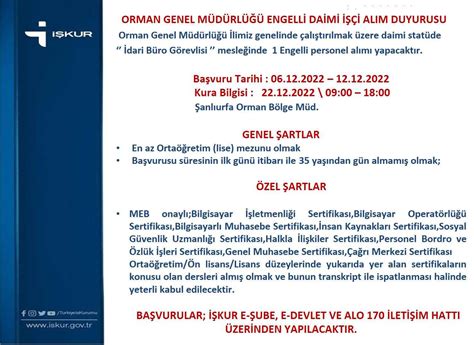 Urfada Orman Genel Müdürlüğü personel alacak urfapusula