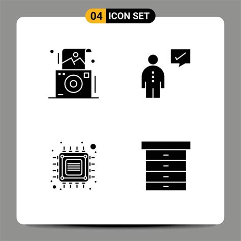 Universal Icon Symbols Group Of 4 Modern Solid Glyphs Of Camera Chip Polaroid Corporate Future