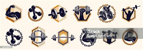 피트니스 스포츠 엠블럼 로고 또는 바벨 아령 케틀벨과 근육 남자 실루엣 벡터 세트 운동 운동 활성 라이프 스타일 테마 스포츠 클럽 또는 대회 상 포스터 운동에 대한 스톡