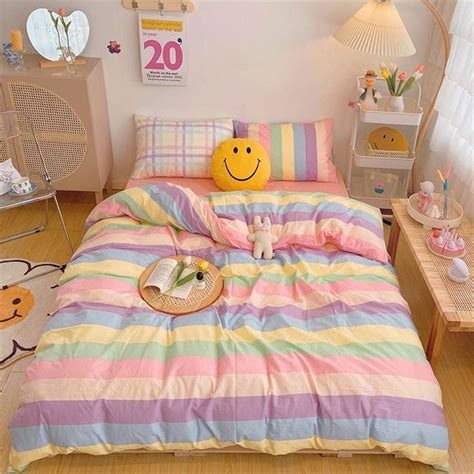 Vm Vougemarket Rainbow Duvet Cover Set Twin 3 Pieces Colorful Stripes Duvet Cover With Zipper