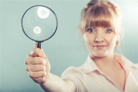 Woman Holding Magnifying Glass Stock Image Image Of Magnifier Search