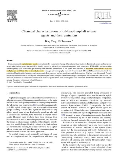 Chemical Characterization Of Oil Based Asphalt Release Agents And Their Emissions Pdf Gas