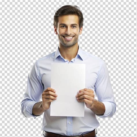 Hombre De Pie Sosteniendo Papel A4 Blanco Aislado Sobre Un Fondo