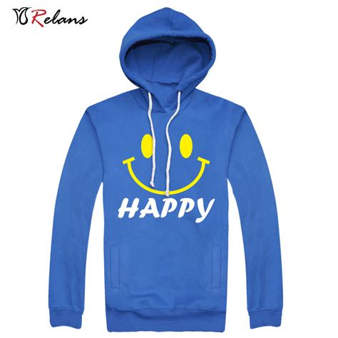 RELANS W4198 休闲时尚 happy笑脸印花 潮流连帽卫衣外套 蓝色 relans旗舰店