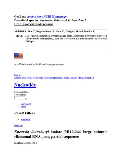 Genbank Access Keys Ncbi Homepage Encarsia Citrina And E Lounsburyi