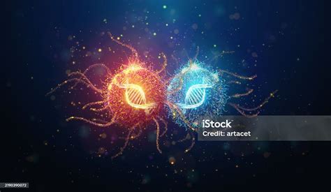 중앙에 빛나는 네온 입자로 만들어진 Dna 나선이 있는 건강한 세포 근처의 암세포의 추상 그림 종양학 질병 스크리닝 의료 개념을 묘사하는 기하학적 배경 Dna에 대한 스톡