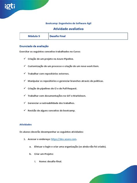 Enunciado Do Desafio Final Bootcamp Engenheiro De Software Ágil Pdf Desenvolvimento De