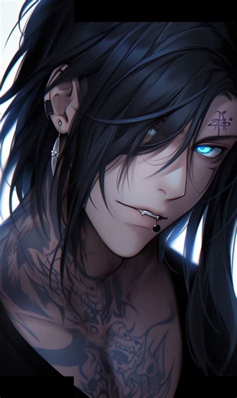 An Anime Character With Tattoos And Piercings On His Chest Is Staring