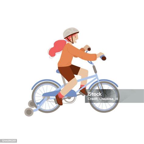 귀여운 십대 또는 십대 소녀는 스포츠 여름 활동을하고 헬멧에 4 바퀴 자전거를 타고 흰색 배경에 고립 된 자전거 벡터 그림에 행복한 소녀를 미소 12 13세에 대한 스톡