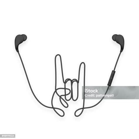 이어폰 무선 및 원격 귀에 검은색 글자색 및 바위 손 화 케이블 복사 공간 흰색 배경에 고립에서 만든 귀 부분에 대한 스톡 벡터 아트 및 기타 이미지 Istock