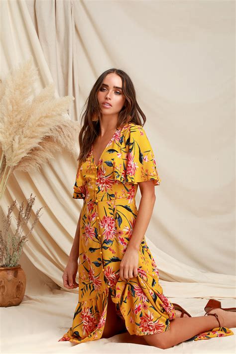 Cute Mustard Dress Yellow Floral Print Dress High Low Dress Lulus
