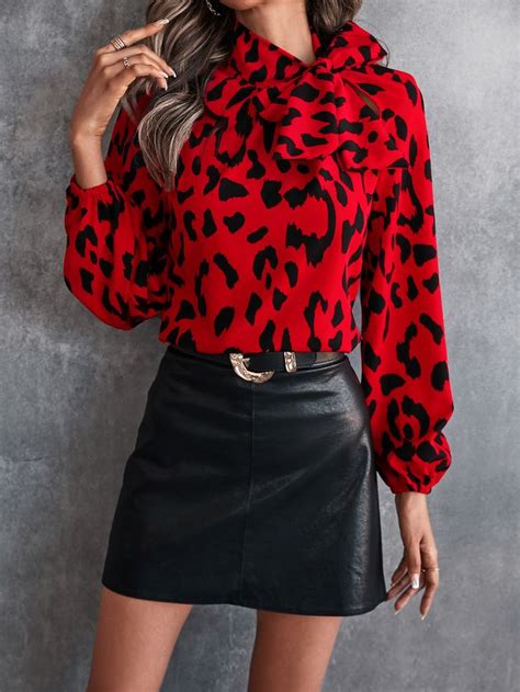 Allover Print Tie Neck Blouse Black Outfit Tie Neck Lantern Sleeve