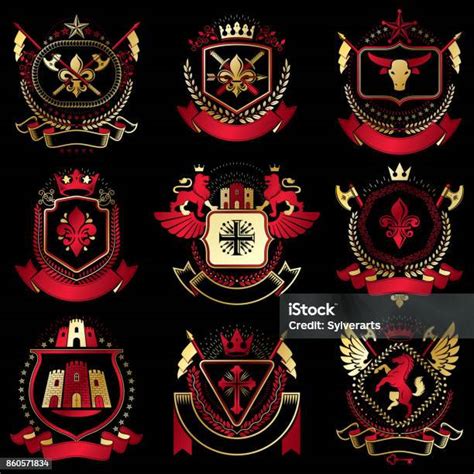 벡터 고급 문장 학 팔의 외 투입니다 컬렉션의 Blazons 빈티지 디자인 양식에 일치 시키는 그래픽 요소 로얄 크라운 및 플래그 별 타워를 사용 하 여 만든 병기 종교