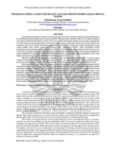Penerapan Media Augmented Reality Ar Pada Proses Pembelajaran Bidang Teknik Pdf