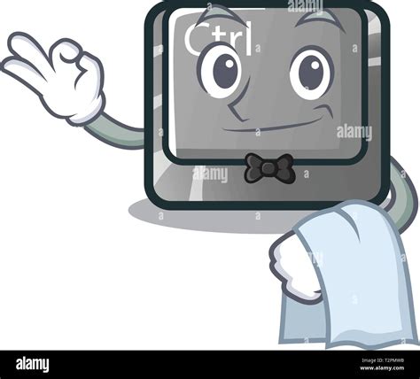 Waiter Character Ctrl Button Attached On Computer Vector Illustration