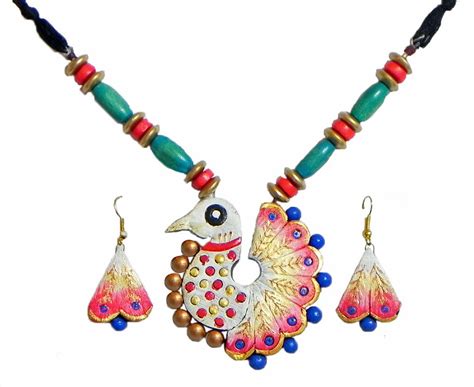 Wooden Bead Necklace With Hand Painted Peacock Terracotta Pendant And
