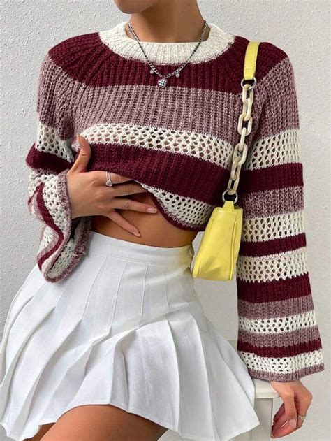 SHEIN Qutie Colorblock Raglan Sleeve Pointelle Knit Crop Sweater