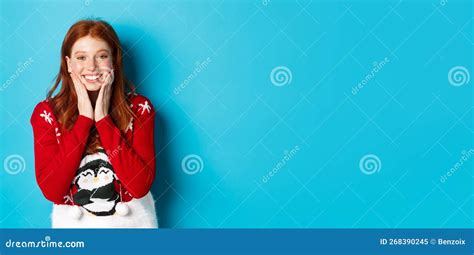 Winter Holidays And Christmas Eve Concept Adorable Redhead Girl