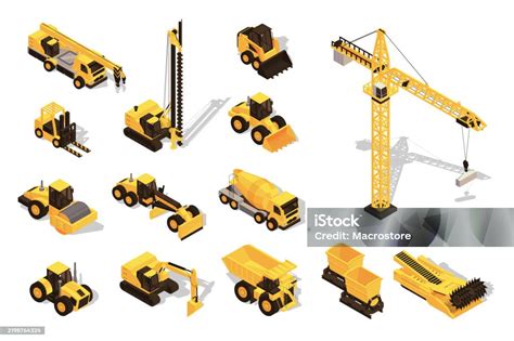 건설 장비 3d 아이소 메트릭 메가 세트 플랫 디자인 트럭 불도저 콘크리트 믹서 트랙터 백호 지게차 기타 기계의 수집 아이소메트리 요소 벡터 일러스트 레이 션 3차원 형태에