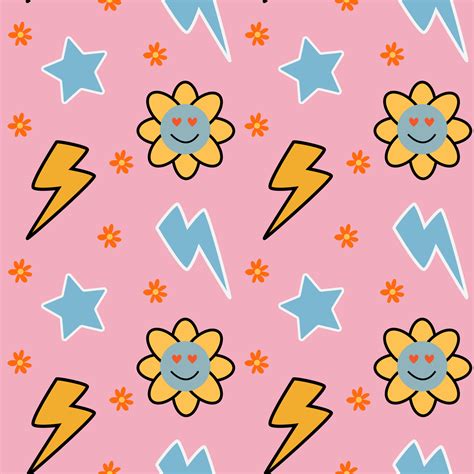 Groovy Seamless Patterns With Cherry Lightning Clouds And Dots