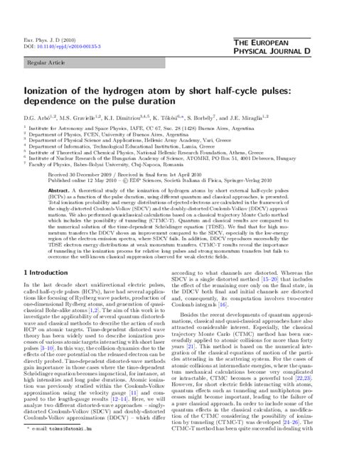 Pdf Ionization Of The Hydrogen Atom By Short Half Cycle Pulses