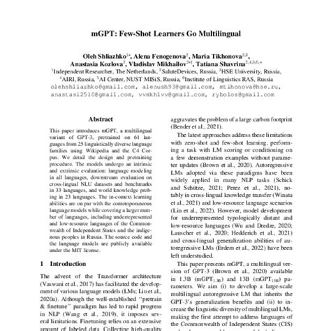 Mgpt Few Shot Learners Go Multilingual Acl Anthology