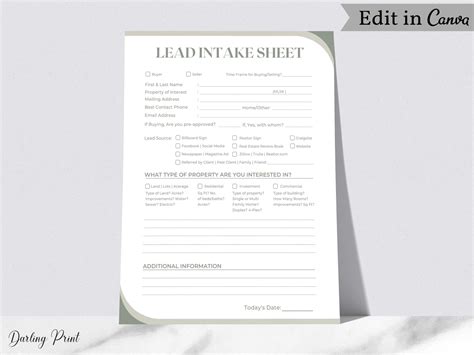 Lead Intake Sheet For Realtors Lead Tracking Forms Real Estate Agents