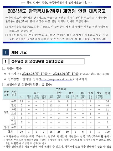 한국동서발전 2024년도 체험형 인턴 채용공고 공모전 대외활동 링커리어