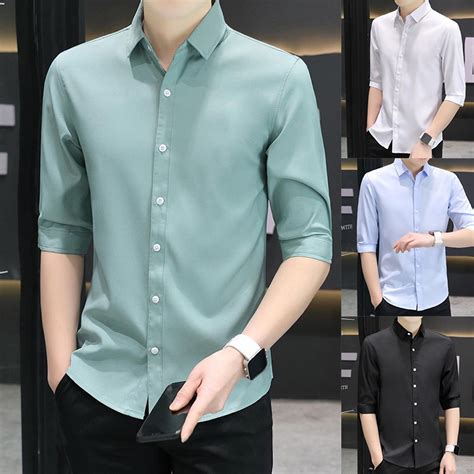 Mens Quality Simple Casual 3 4 Sleeves Ice Silk Trend Plain Shirt Korean All Match Solid Color