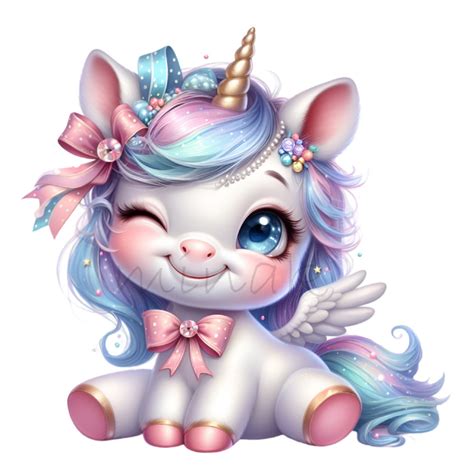 12 Winking Unicorn With Pastel Hair Wings And Sparkly Bows Whimsical