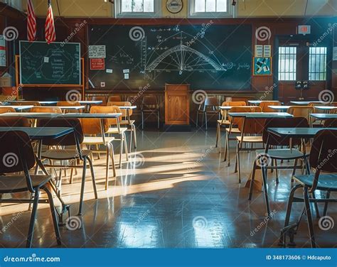 Empty Classroom With A Drawing On The Blackboard Waiting For The Start