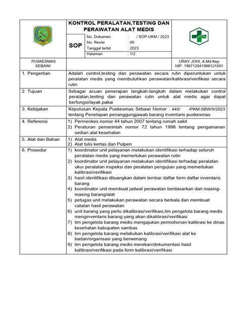 146 C Sop Kontrol Alat Testing Dan Perawatan Alat Medis Pdf