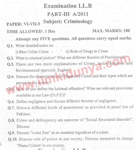 Past Papers 2011 LLB Part 3 Criminology Paper 6