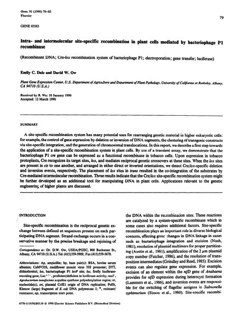 Pdf Intra And Inter Site Specific Recombination In Plant Cells Mediated By Bacteriophage P1