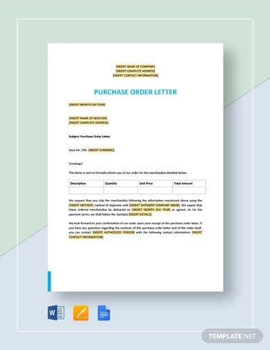 Purchase Order Letter Templates In Google Docs Word Pages PDF